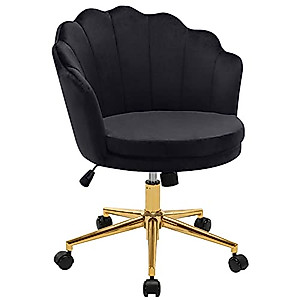 Furnimart Black Home Office Chair with Wheels Upholstered Comfy Velvet Desk Chair Stool, Cute Adjustable Swivel Modern Seashell Back Vanity Chair for Living Room, Bedroom, Office (Black)