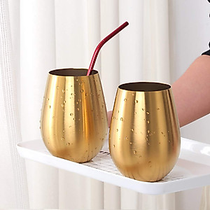 Father's Day Gift Mingcheng 17 oz Stainless Steel Stemless Wine Glass, Outdoor Portable Wine Tumbler for the Pool, Camping, Cookouts, Travel - Set of 2 Metal Drinking Cups(Gold)