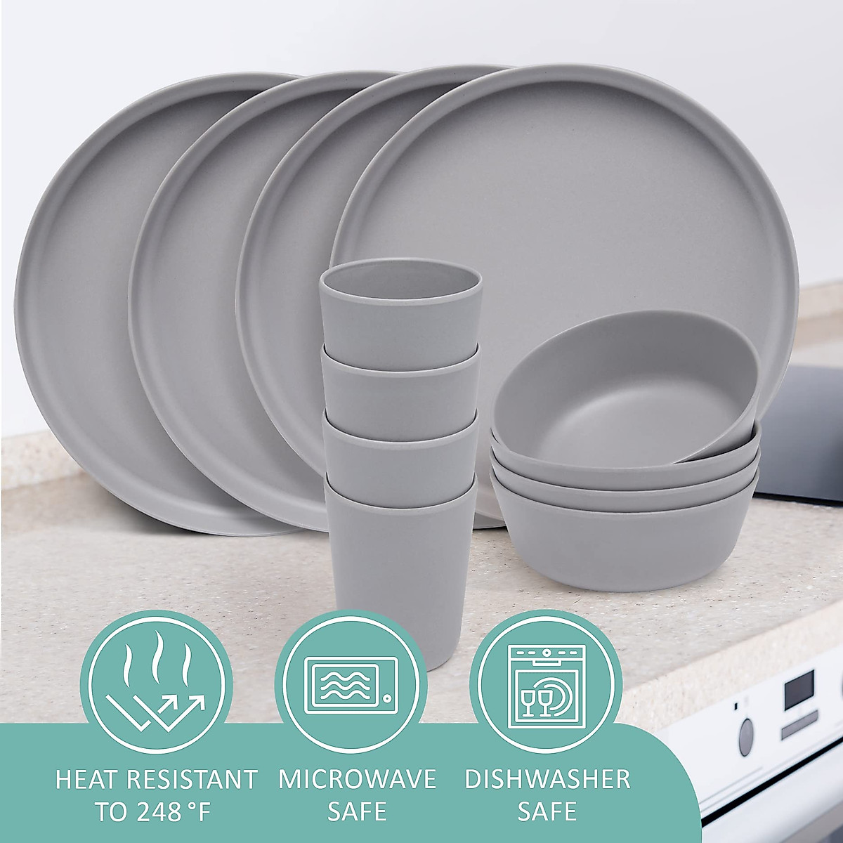 Stephan Roberts Bamboo Dinnerware Set, Eco-Friendly Bamboo Fiber Dinnerware, Dishes Set for 4, Includes Plates, Bowls & Cups, Reusable Unbreakable Dishware Set, Gray, 12PC Dinner Set