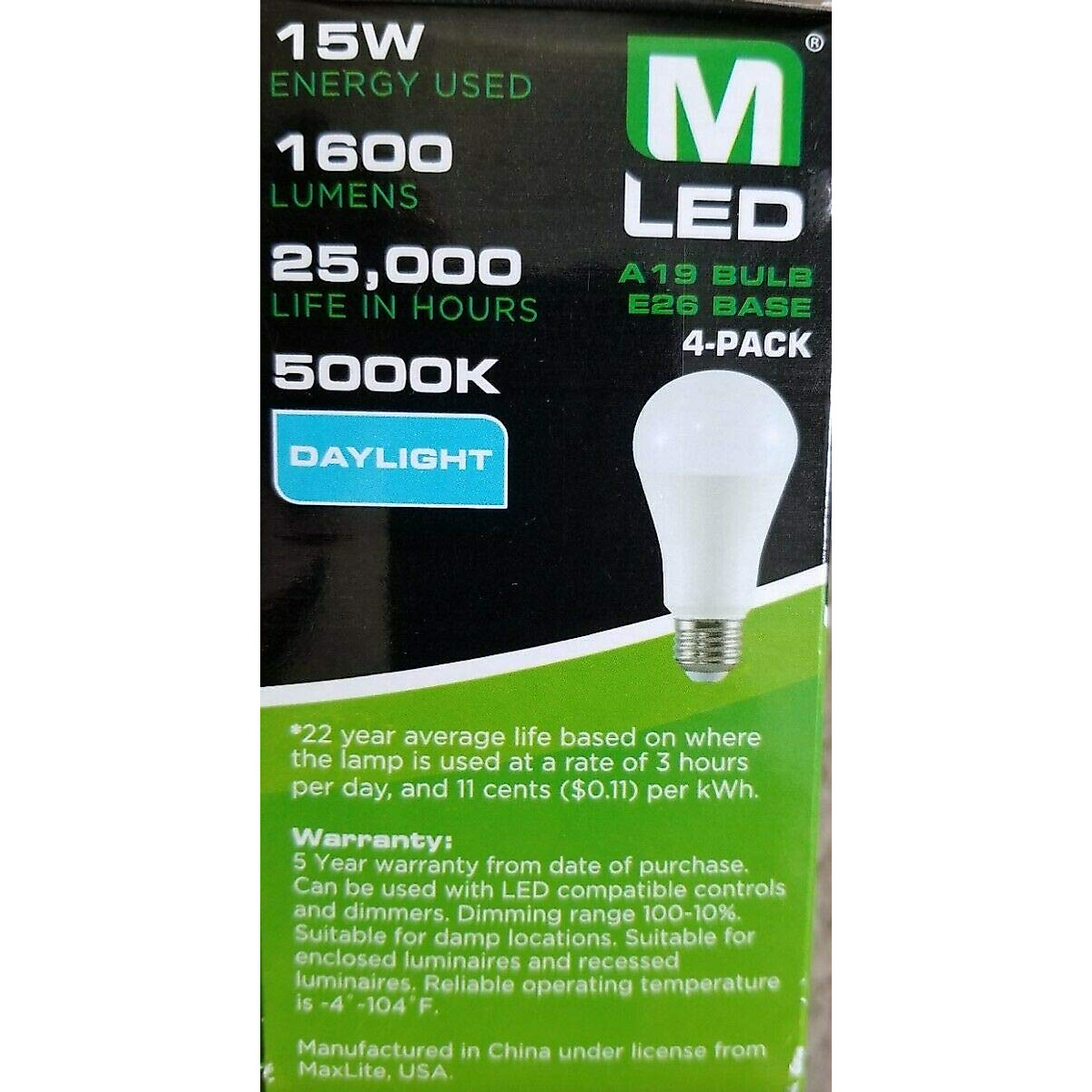 Maxlite LED Dimmable 4 Pack A19 Bulb 100W Daylight 5000K, White