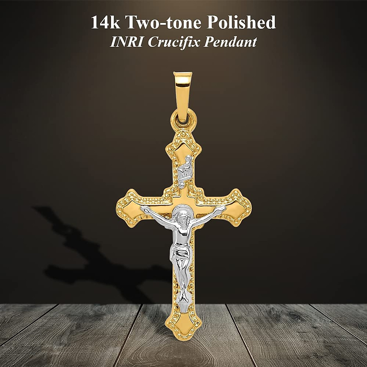 Diamond2Deal Gift for Mothers Day 14K Yellow Gold Rhodium plated INRI Religious Crucifix Cross Pendant Fine Jewelry for Women (L- 32 mm, W- 16.5 mm)