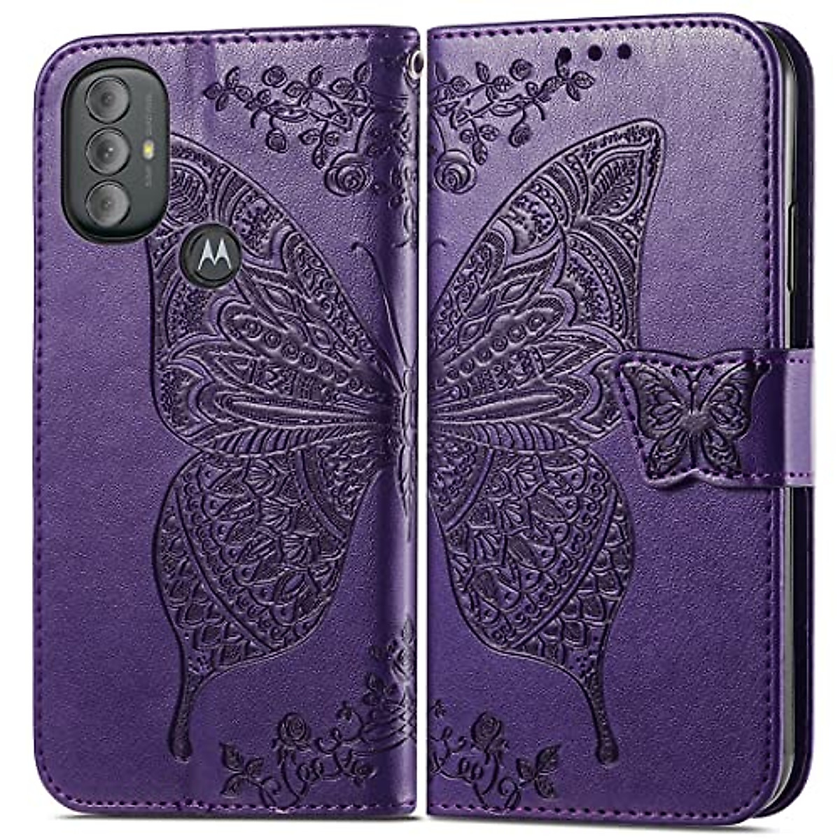 Designed for Moto G Power 2022 Case Wallet,Women Flip Cover with Butterfly Embossed PU Leather Kickstand Credit Card Holder Slots Magnetic Wrist Strap Purse for Motorola Moto G Power (Purple)