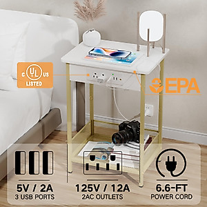 Yenlure Side Table Night Stands End Table with Charging Station Narrow Side Table Living Room Bedroom Small Side Table for Small Spaces White Set of 2