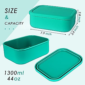 Keweis Silicone Food Storage Container, 47Oz Bento Lunch Box Silicone Containers with Lids, Hard-Shell Silicone, Airtight, Microwave, Dishwasher and Freezer Safe (Green)