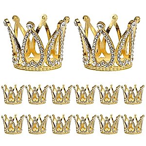 12 Pieces Crown Cake Toppers, Mini Queen Crown Cake Topper Princess Decorative Crown Crystal Tiara Cupcake Decoration for Lady Girl Wedding Birthday Bridal Baby Shower Party Supplies (Gold)