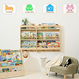 kidi house Wall Bookshelf Wooden Kids Bookshelf 3-Tier Floating Nursery Book Shelves for Kids Room Birch Hanging Toddler Bookshelf Montessori Bookshelf for Baby Room Playroom Living Room (Wide)