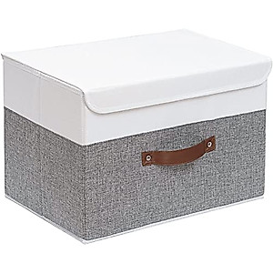 Yawinhe Collapsible Storage Boxes 1 Pack, Linen Fabric Storage Baskets Washable, with Lids and Leather Handle, for Home Bedroom Closet Office, (White/Grey, 15.0x9.8x9.8in), USNK024WGL-1