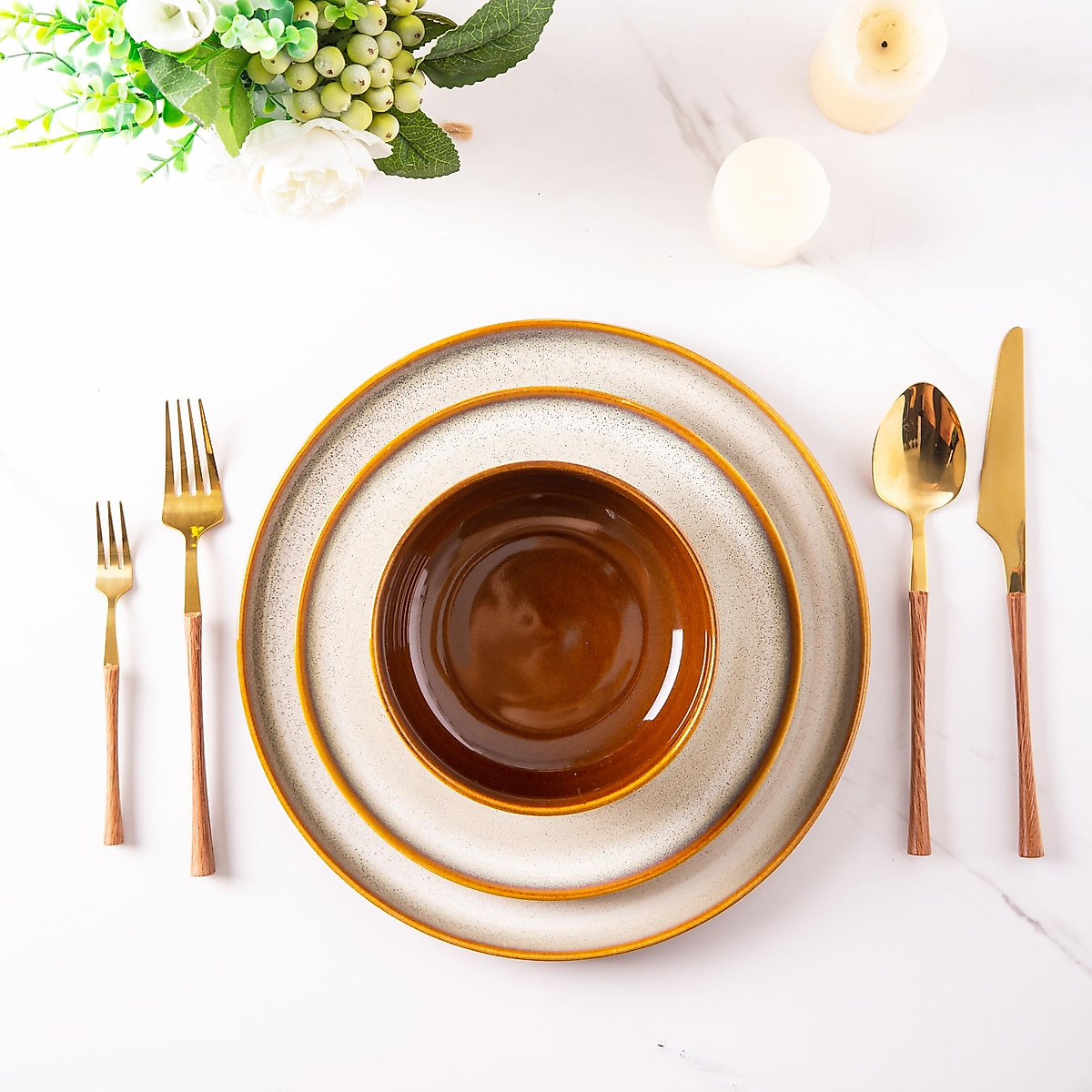 LeRatio Ceramic Dinnerware Sets for 4,12-Piece Plates and Bowls,Handmade Reactive Glaze Dishes Set,Chip Resistant and Scratch Resistant | Oven Dishwasher & Microwave Safe,Service for 4-Kahki