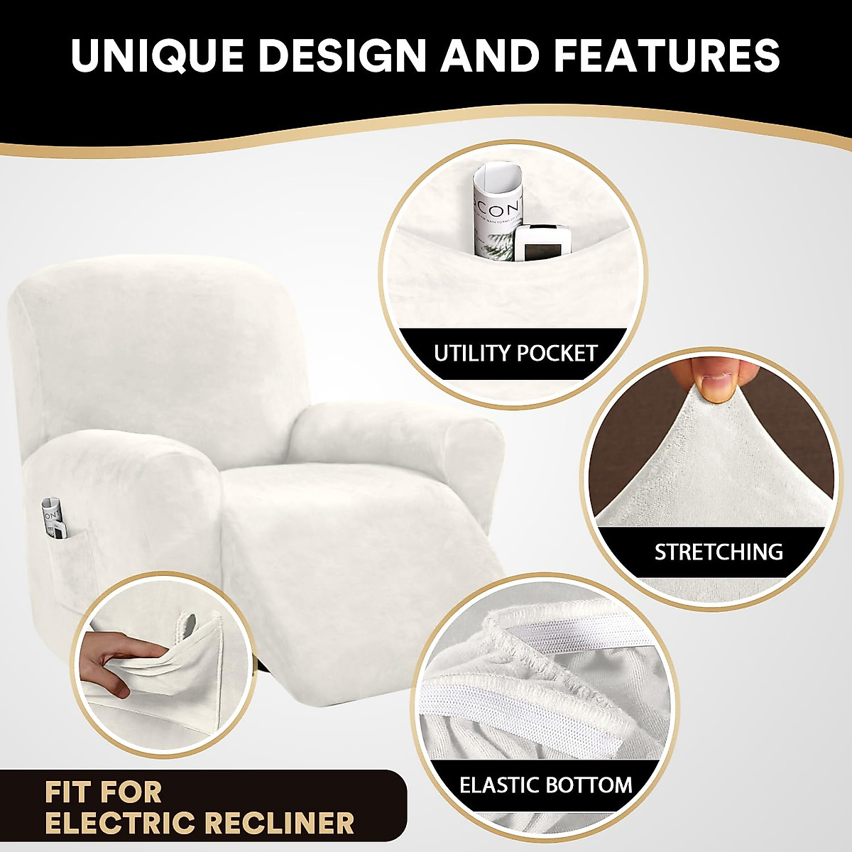 PrinceDeco Recliner Chair Cover Velvet Stretch Recliner Couch Covers 4-Pieces Style Recliner Chair Covers Recliner Cover for Reclining Chair Slipcovers Feature Non Slip Form Fitted Thick Soft, Ivory