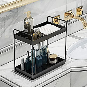 KINGBERWI 2-Tier Standing Rack, Bathroom Countertop Storage Shelf Cosmetic Organizer Holder Kitchen Spice Rack, Black