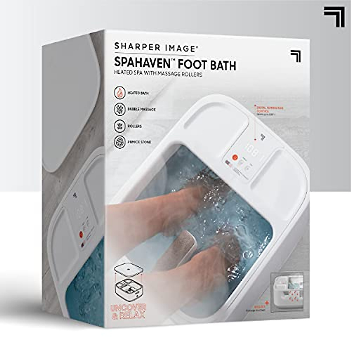 Sharper Image Spahaven Foot Bath, Heated Spa with Massage Rollers & LCD Display, 108 Degree Heat with Insulated Walls & Pumice Stone, Soothe & Rejuvinate Tired Feet, Aromatherapy Holiday Gift