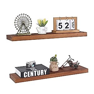 QTSARTISAN Floating Shelf Set — Rustic Solid Wood Hanging Rectangle Wall Shelves with Invisible Metal Brackets for Bedroom, Bathroom, Living Room and Kitchen(Light Walnut, 24" x 5.9")