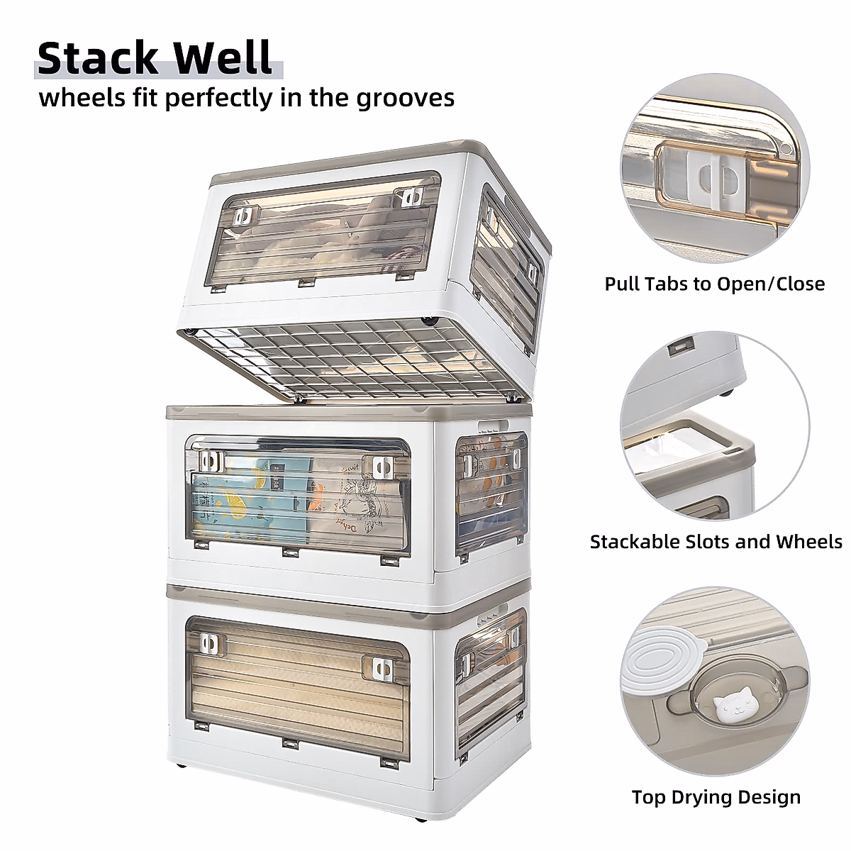 NEALYSEA 32Qt Plastic Storage Bins with Lid, Collapsible Storage Bins with Wheels, Storage Boxes with 4 Doors, Stackable Storage Bins for Organizing Clothes, Snacks and Camping, 2-Pack (Grey)