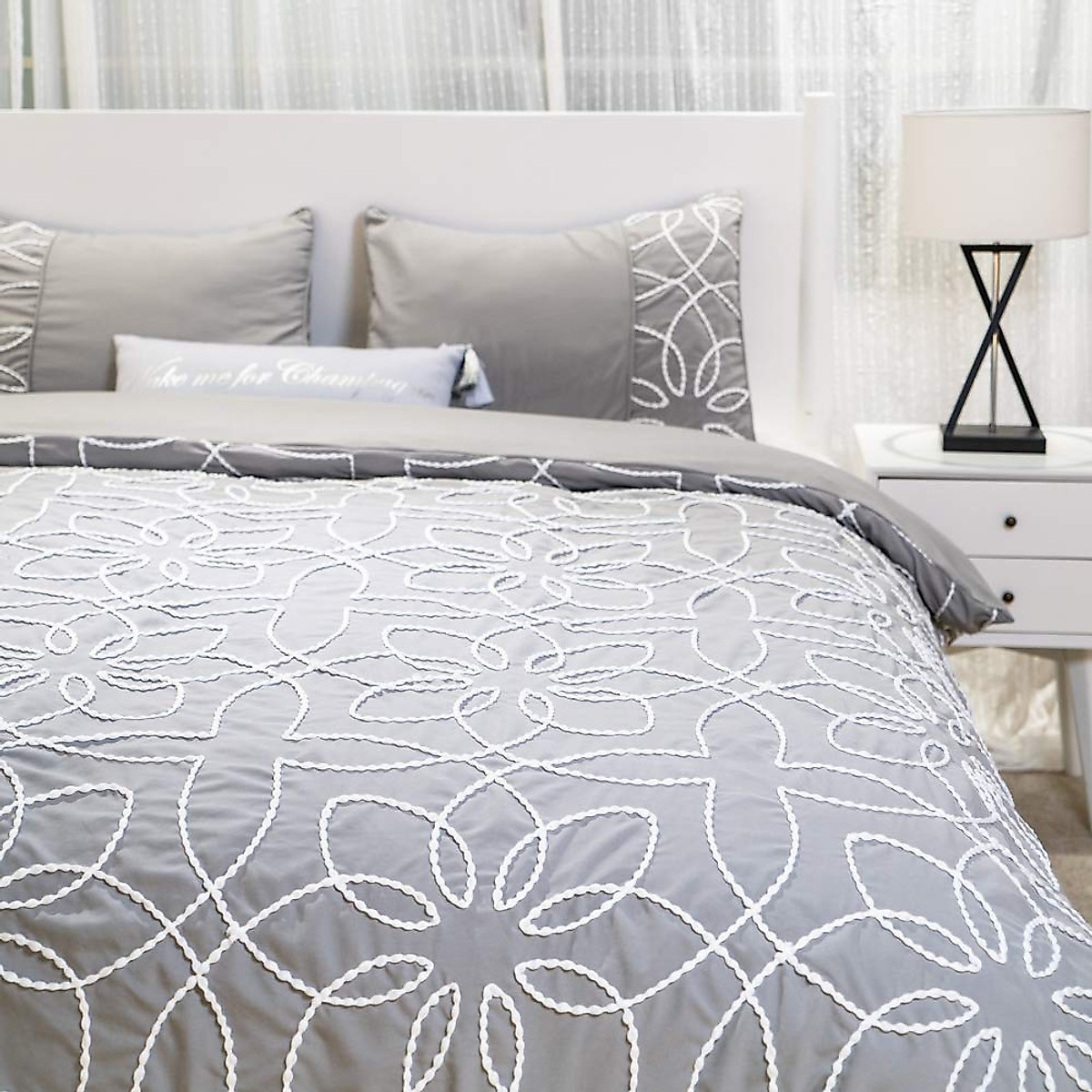 Duvet Cover 3 Piece Bedding Set Hotel Collection- King Size Gray White Rope Embroidered Ultra Soft Brushed Microfiber Comforter Cover with Zipper Closure and 2 Pillow Shams (Rope Embroidered, King)