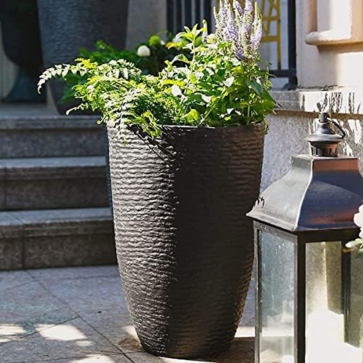 Worth Garden 21" H Tall Planters 2 Pack - 14'' Dia Resin Large Round Black Flower Pots for Outdoor Plants Trees - Imitation Stone Finish Plastic Indoor Front Porch 9 Gallon Decorative Container Patio