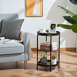 Dulcii Industrial Round End Table, 3 Tiers Round Side Table with Sturdy Metal Frame, Metal Round Sofa Table, Vintage Nightstand for Living Room Bedroom, Easy Assembly (Rustic Brown)