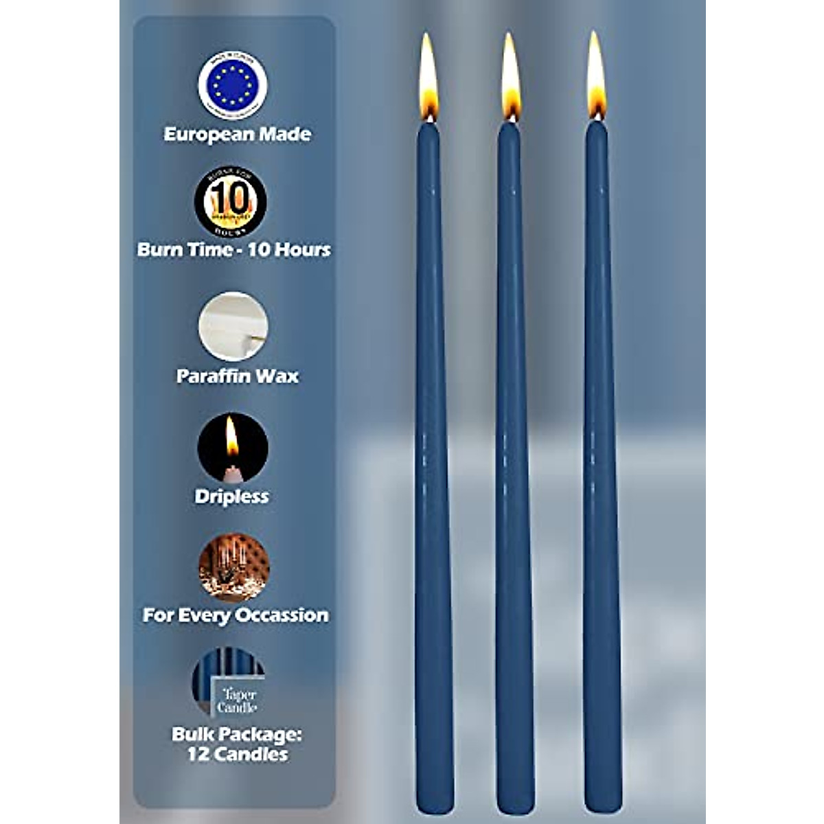 12 Pack Tall Taper Candles - 12 Inch Midnight Blue Dripless, Unscented Dinner Candle - Paraffin Wax with Cotton Wicks - 10 Hour Burn Time