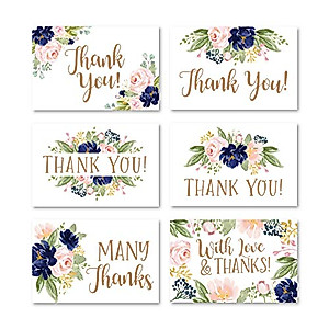 24 Navy Floral Thank You Cards With Envelopes, Great Note For Adult Funeral Sympathy or Gift Gratitude Supplies For Grad, Birthday, Baby or Classic Vintage Flower Bridal Wedding Shower For Boy or Girl