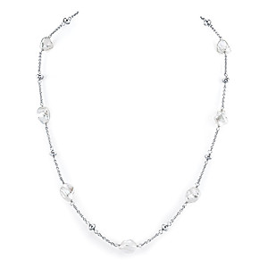 The Pearl Source 7-8mm Keshi Genuine White Freshwater Cultured Pearl Link Necklace for Women