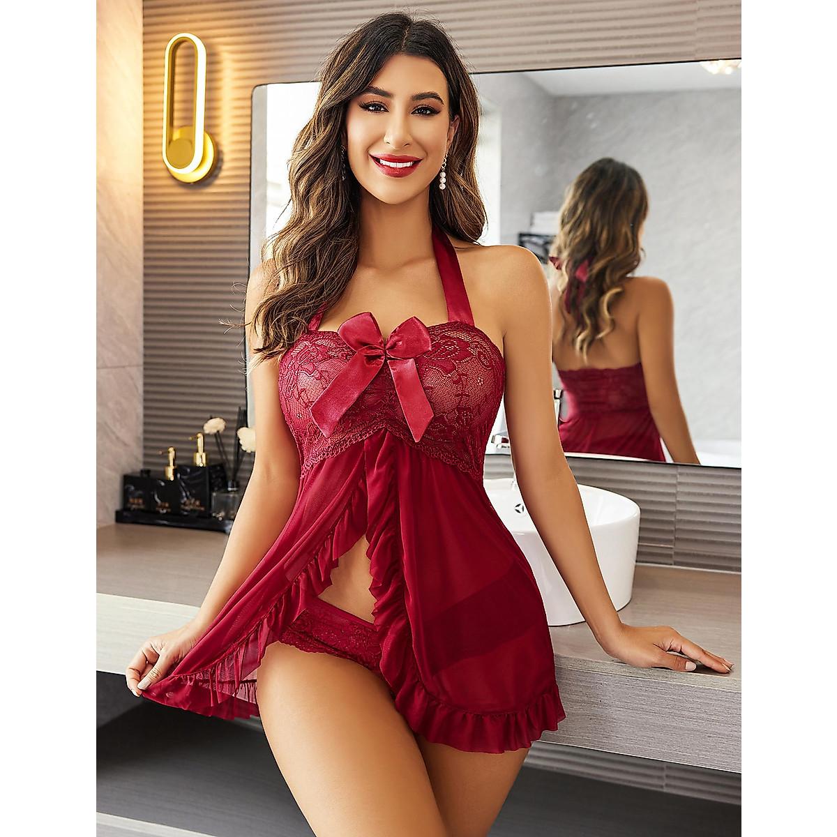 Avidlove Valentien's Day Lingerie for Petite Women Lace Chemise Negligee Sexy Babydoll Nightgown Dark Red