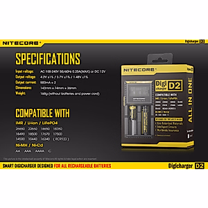 Nitecore D2 smart Charger 2015 version with LCD display For Li-ion, IMR, LiFePO4 26650 22650 18650 17670 18490 17500 18350 16340 RCR123 14500 10440 Ni-MH And Ni-Cd AA AAA AAAA C Rechargeable