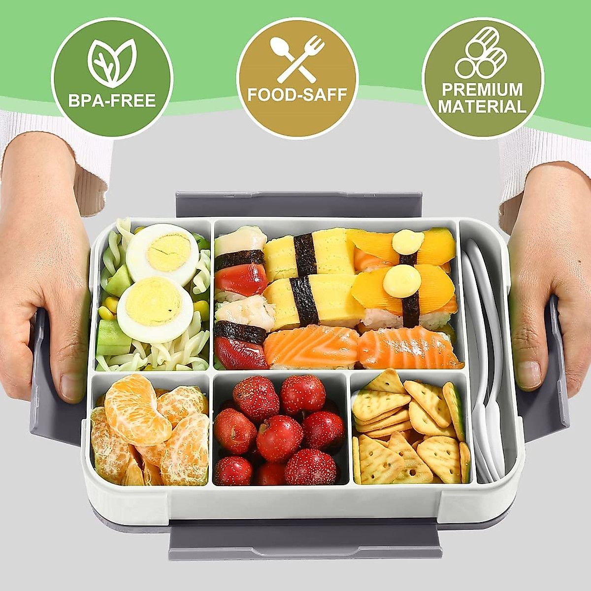 LOVINA Bento Box for Adult Kids, Stylish Teens Adult Lunchable Snack Containers With 5 Compartments, Durable, Microwave/Dishwasher Safe, BPA-Free, Perfect for On-the-Go Meal(Solid Grey)