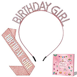 Birthday Crowns for Women, Birthday Girl Sash and Birthday Tiara for Women Girls Set, Birthday Girl Headband Princess Rhinestone Crown,Sweet Happy Birthday Party Decorations Hair Accessories,Rose Gold