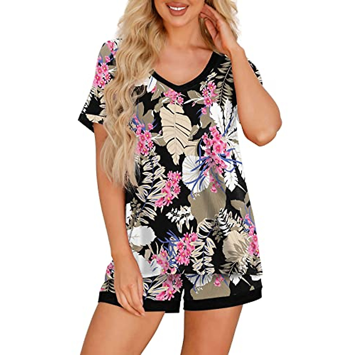 PrinStory Women's Pajama Set Short Sleeve Shirt and Shorts Sleepwear Pjs Sets with Pockets FP-Big Leaf Pink-Large