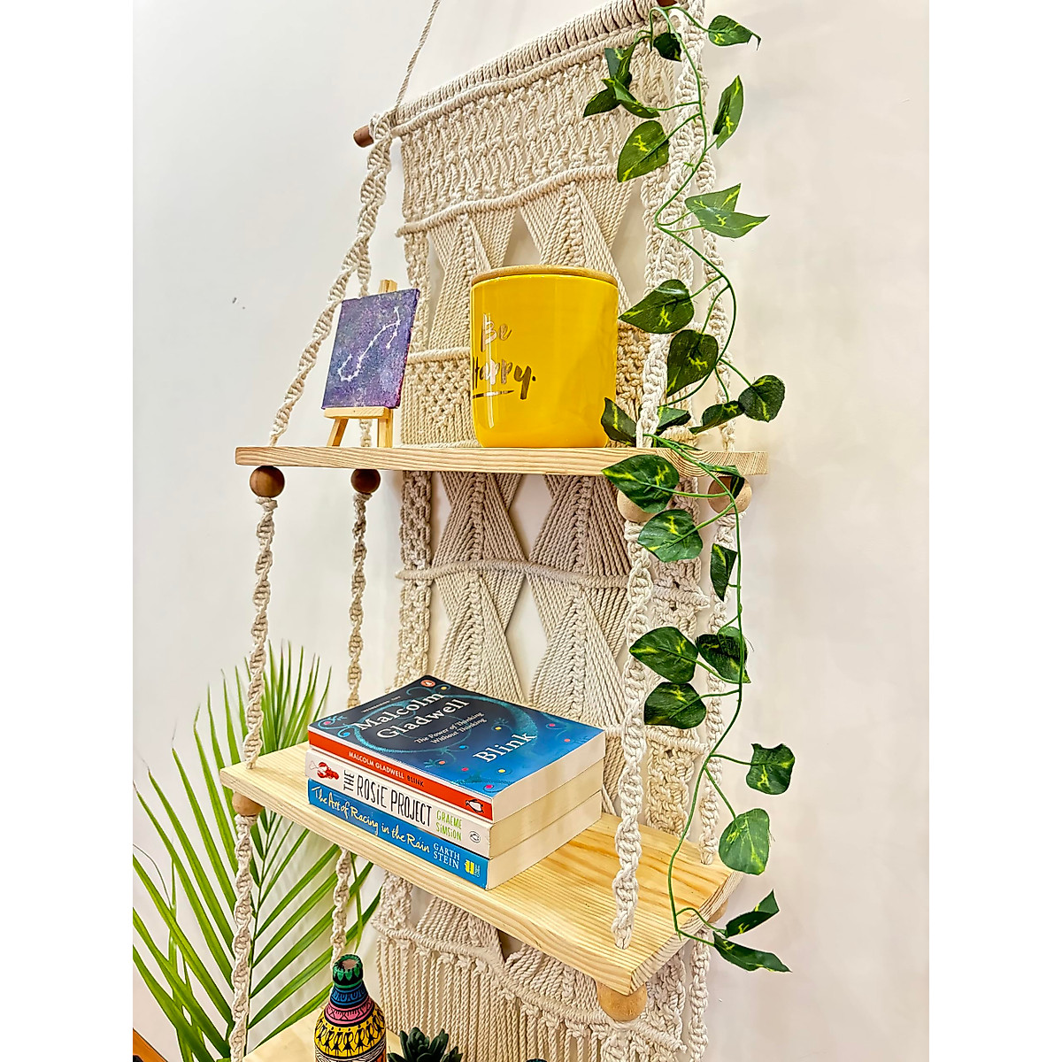 Macrame Wall Hanging Shelf Set, 3 Tier Macrame Wall Hanging Shelf for Wall Decor with Handmade Woven Rope Hanger for Kitchen, Bathroom, Home Storage