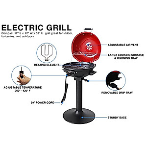 Homewell Electric BBQ Grill for Indoor & Outdoor Grilling with Warming Rack - Portable Patio Grill 1600 Watts (Red)