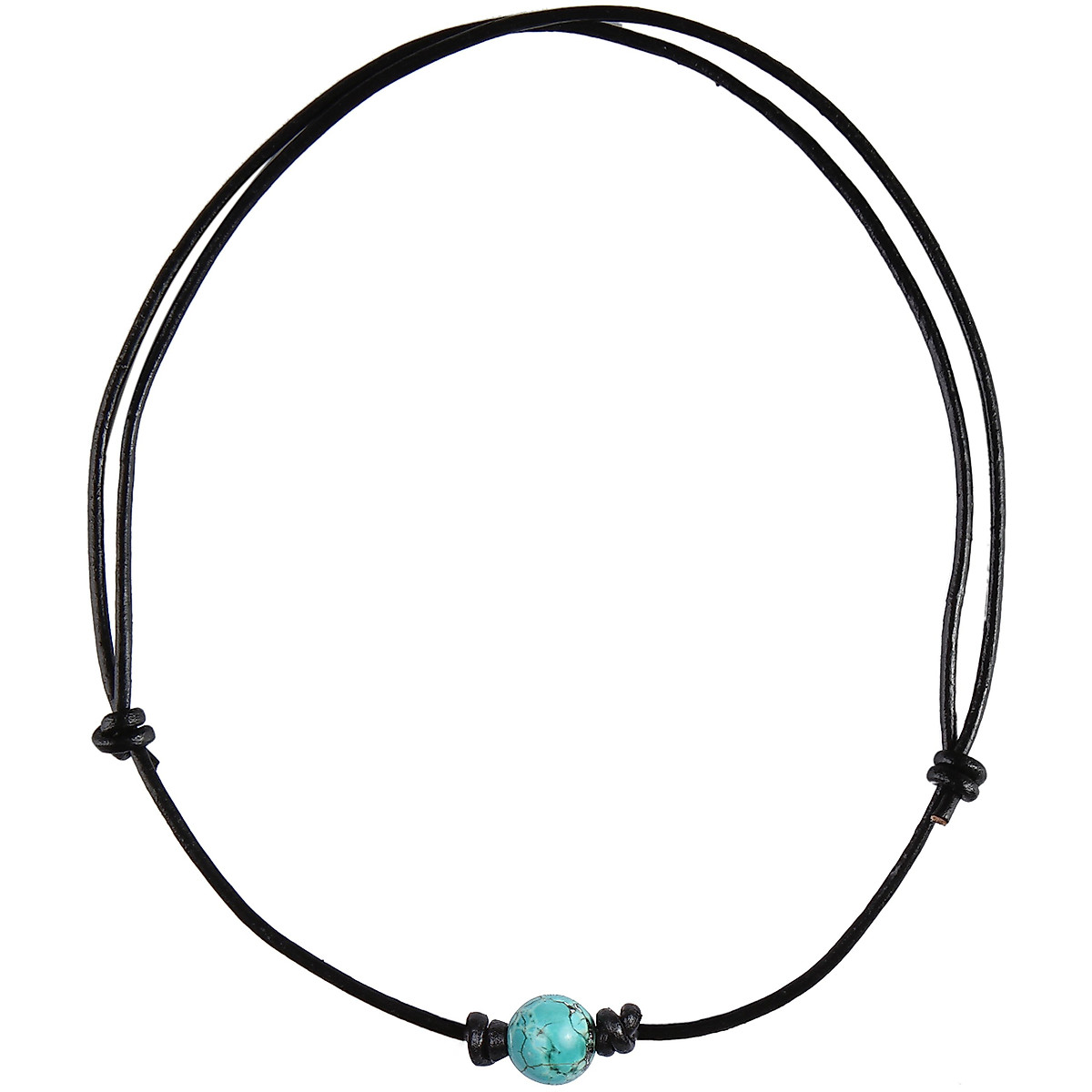 Barch Single Stone Turquoise Choker Necklace on Black Leather Cord for Women (Round Adjustable 1#)