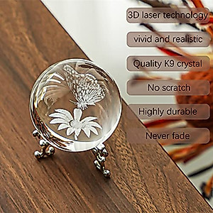 HDCRYSTALGIFTS 3D Laser Crystal Butterfly Flower Figurine Crystal Decorative Ball Paperweight with Silver-Plated Flowering Stand Glass Sphere Home Decor Gift (60mm,2.4inch)