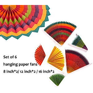 SUNBEAUTY Pack of 6 Hanging Paper Fans Party Carnival Circus Round Pattern Paper Garlands Decoration for Birthday Baby Shower Graduation Summer Party