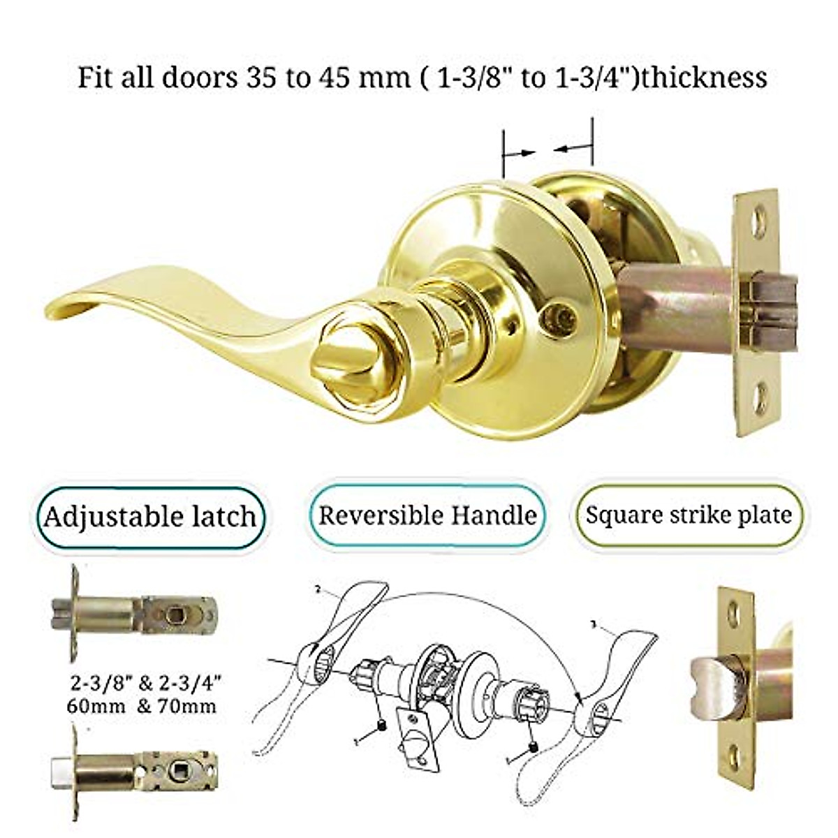 Goldentimehardware Privacy Lever Door Handle [Thumb Turn Lock on The Inside] for Bedroom or Bathroom with Polished Brass Finish, Reversible for Right & Left Side,Ware Door Lever Interior Door Lock