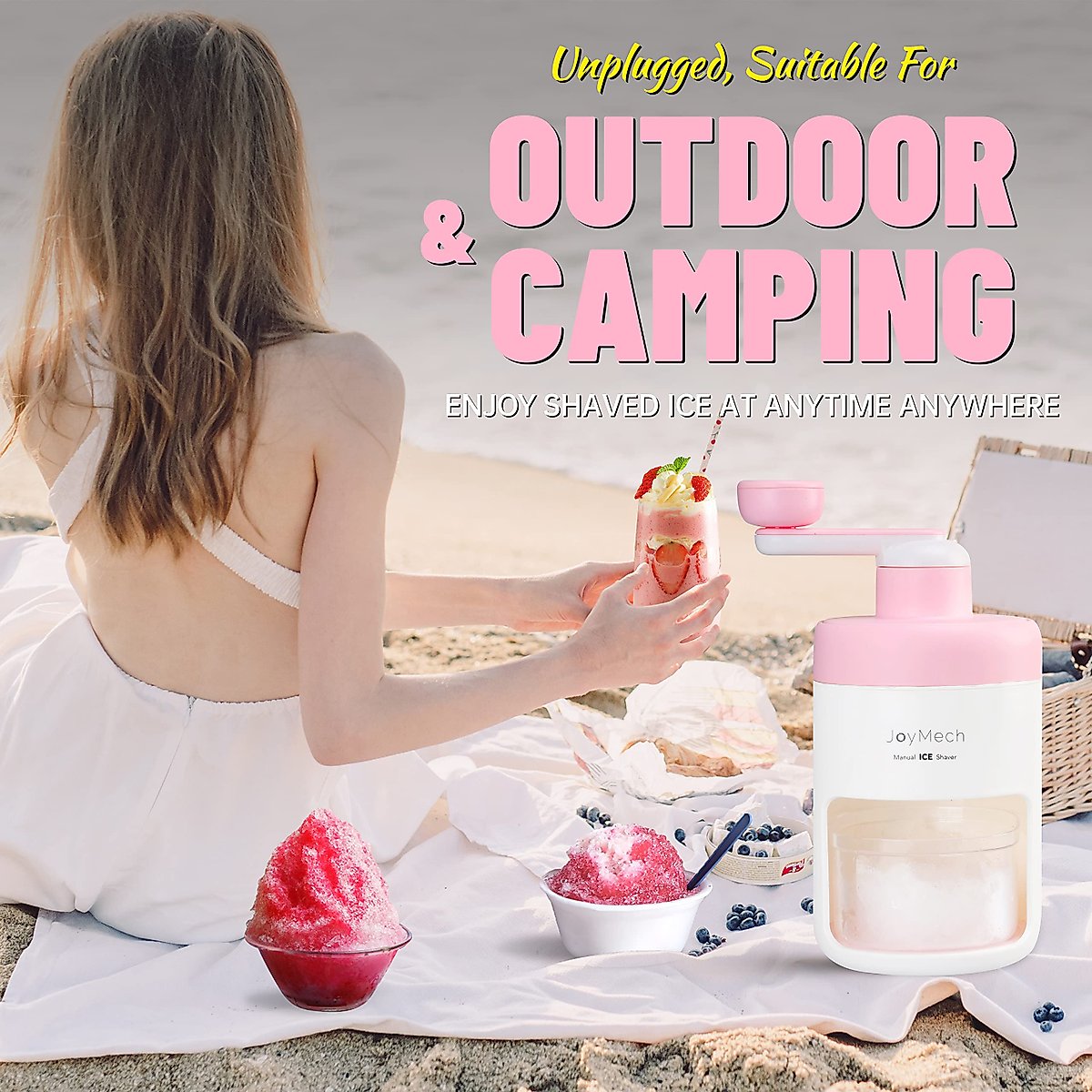 JoyMech Manual Shaved Ice Maker Machine Set with 10 Cardboard Cones, 10 Slushy Straws and 3 Ice Trays, Instant Ice Shaver, Snow Cone Machine, Ideal for making Snowcones and Slushy (Pink)