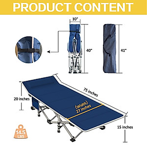 GETOVIN Cot, Camping Cot with Comfortable Thick Pad Cots for Sleeping Heavy Duty Camping Bed Folding Cot Double Layer Oxford with Carry Bag for Home Nap Outdoor Travel