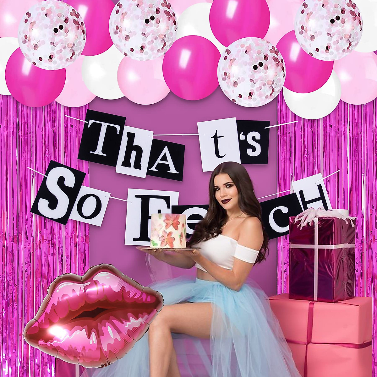 HOMEZZO Mean Girls Party Decorations - That's So Fetch Felt Banner, Hot Pink Tinsel Curtain, Lip Balloon for Y2K Hot Pink Bridal Shower Wedding Girls Birthday Bachelorette Party Supplies