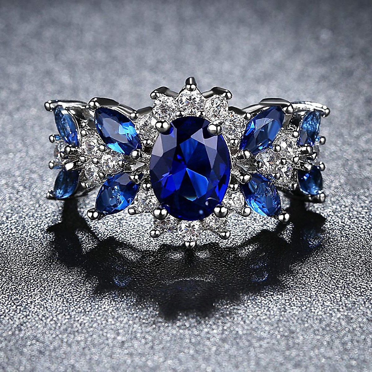 Narica Silver Plated Charming Oval Cut Created Blue Sapphire CZ Cubic Zirconia Filled Eternity Halo Cocktail Wedding Engagement Promise Leaves Floral Band Elegant Women's Flower Ring for Mom Bridal Lover Gift 9#