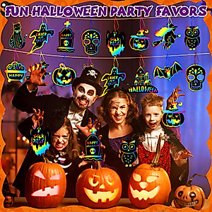 YEGEER 48PCS Halloween Craft Kit for Kids, Magic Scratch Off Paper Hanging Halloween Ornaments Set with 24pcs Wooden Stylus 48pcs Cords for Halloween Games, Halloween Party Favors, Art Craft Supplies