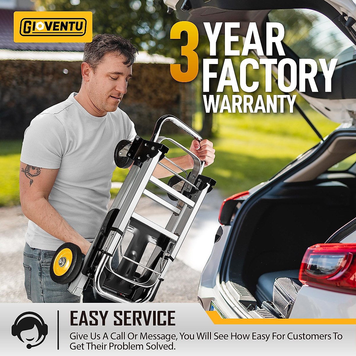 Upgraded Aluminium Folding Hand Truck, 3 in 1 Convertible Hand Truck Dolly 440 lbs Capacity, Foldable Dolly Cart with Rubber Brake-Wheels, Anti-Slip Strip & 2 Elastic Ropes for Home Office Warehouse