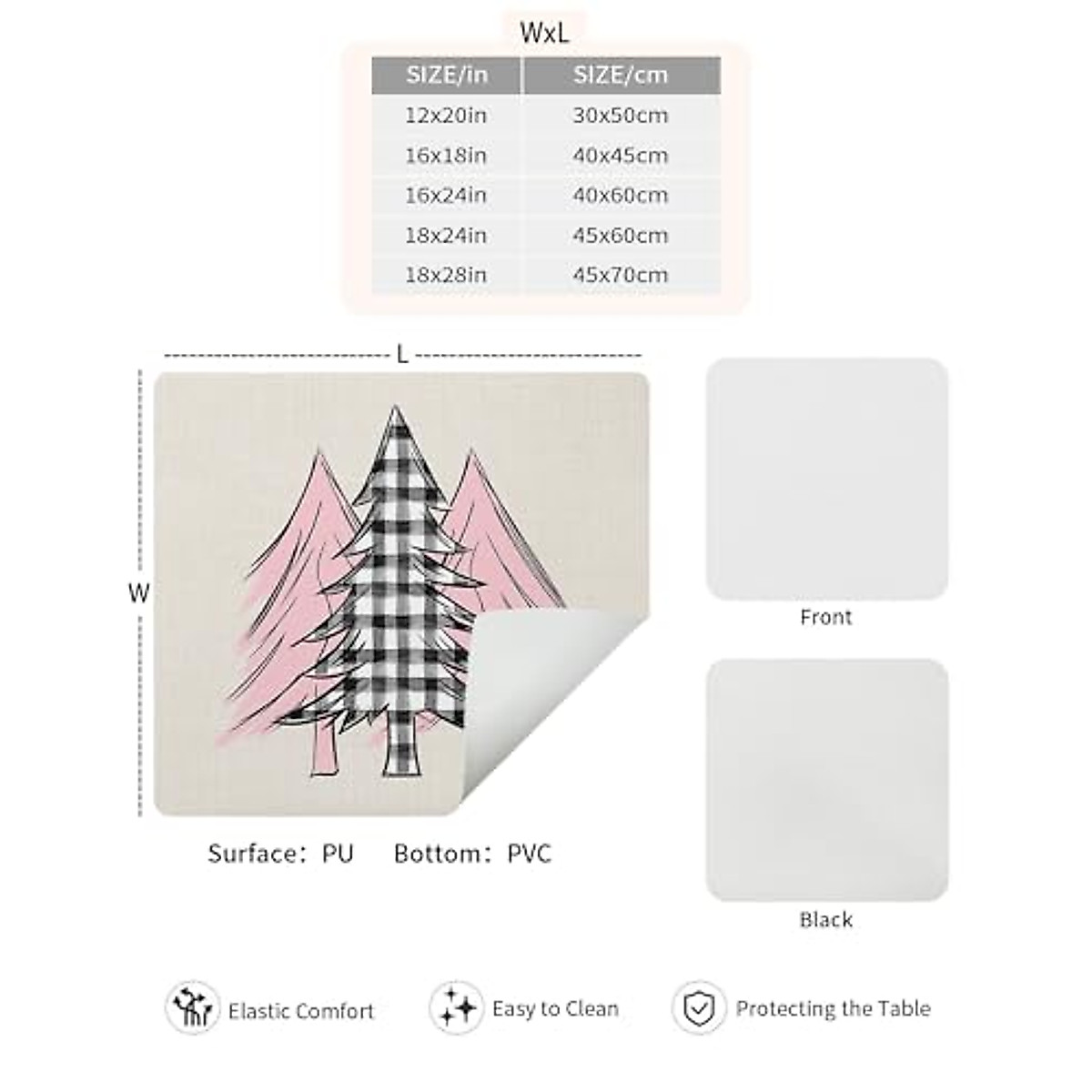 Coffee Mat for Counter, Pink and Black White Plaid Christmas Tree Absorbent Hide Stain Coffee Bar Mat, Non-slip Coffee Bar Accessories Kitchen Drying Mat Fit Under Coffee Maker Espresso Machine