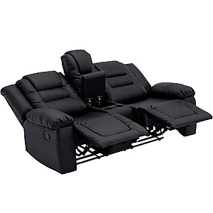Faxu Leather Double Reclining Loveseat Sofa with Center Console, Manual Recliner Motional Couch w/Easy Pull Handles and Adjustable Footrest, 2-Seater Wall Hug Sofa & Couch Home Theater Seating