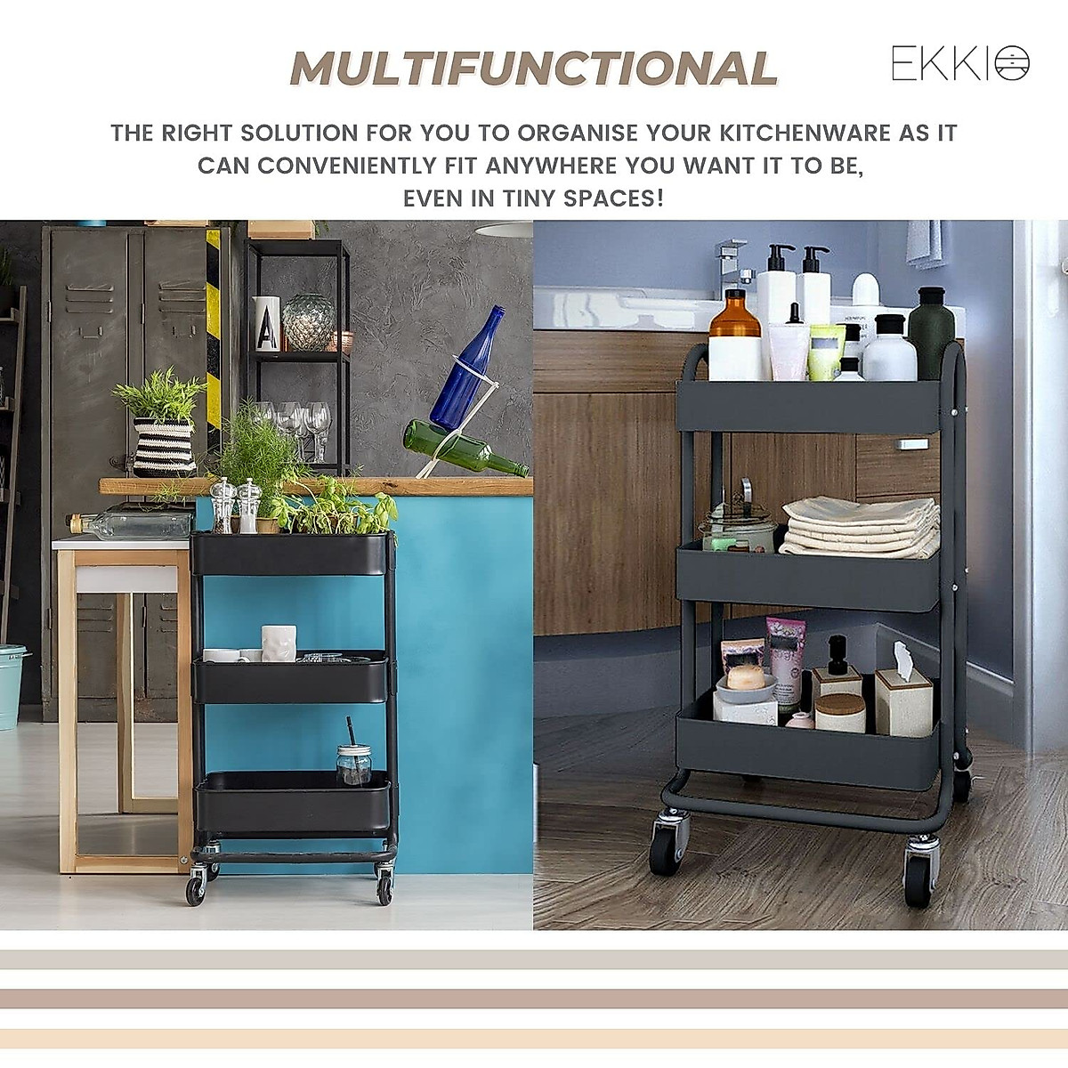 EKKIO 3 Tier Rolling Cart, Book Cart, Lash Cart, Nail Cart, Baby Cart Organizer, Art Cart, Diaper Cart, Pink Rolling Cart Organizer, 3 Tier Cart, Metal Cart, Three Tier Rolling Cart, Makeup Cart