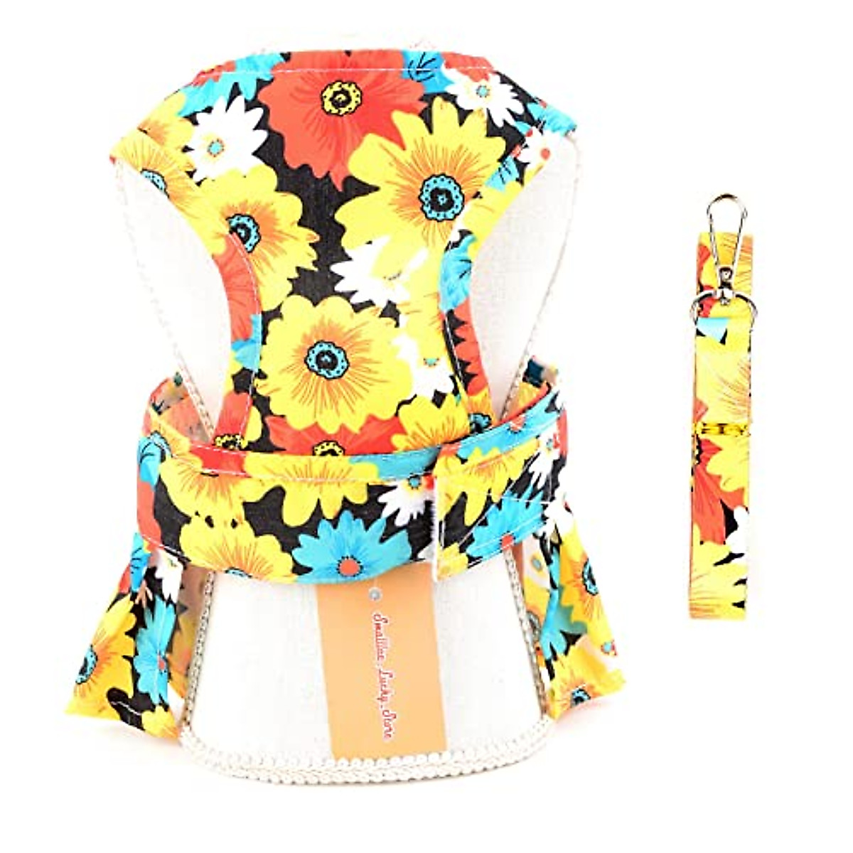 SMALLLEE_LUCKY_STORE Dog Floral Harness Dress with Leash Set,Bow Puppy Princess Dress for Small Medium Dog Cat Girls Adjustable Pet Skirt with D-Ring Female Dog Clothes Summer Apparel,Orange,L