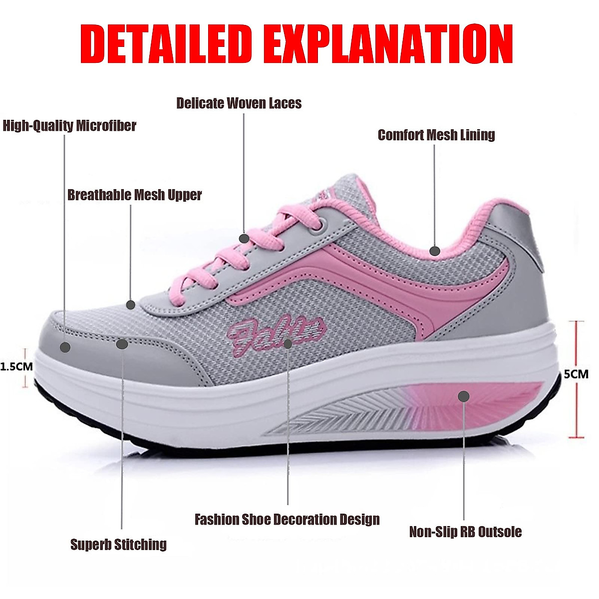 Lymphvity Womens lace-up Walking Shoes Arch Support Breathable Wedge Platform Sneakers Low-top Casual Light Weight Orthotic Sneakers for Plantar Fasciitis (5,Mesh-Pink,Female)