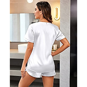 Ekouaer Pajamas Set Womens Satin Silk Loungwaer Set Short Sleeve Pj Shirts and Elastic Waistband Shorts Sleepwear White