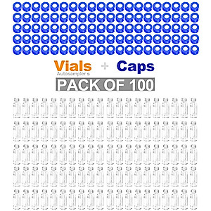 Autosampler Vials, 100 Pcs Sample Vials 2ml HPLC Vials 9-425 Vial Clear Glass Bottles with Write-on Spot and Graduations and 100 Pcs 9mm Blue ABS Screw Caps by Ks-Tek