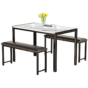AWQM 3 Pieces Dining Room Table Set, Kitchen Table Set with Faux Marble Top Table and 2 PU Leather Upholstered Benches for Breakfast Nook, Apartment and Compact Space, White