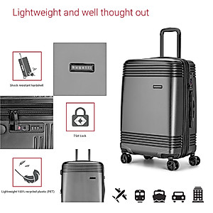 Bugatti Nashville Collection 20 Inch Hard Shell Spinner Carry On Bag for Airplanes, Hardside Expandable Suitcase with 360-Degree Spinner Wheels, Retractable Handle, Airline Approved, Charcoal