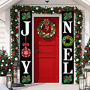 Whaline Christmas Door Decoration Joy Noel Porch Signs Banner Christmas Hanging Banner Black Large Xmas Holiday Decoration for Indoor Outdoor Front Door Yard Farmhouse Party Supplies, 12" x 72"